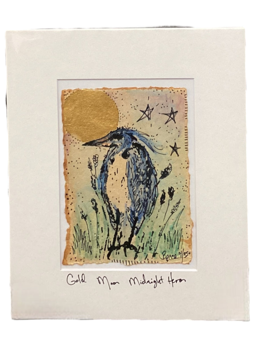 Gold Moon Midnight Heron - Original - 8" x 10" – Wild Oats & Billy Goats NSB